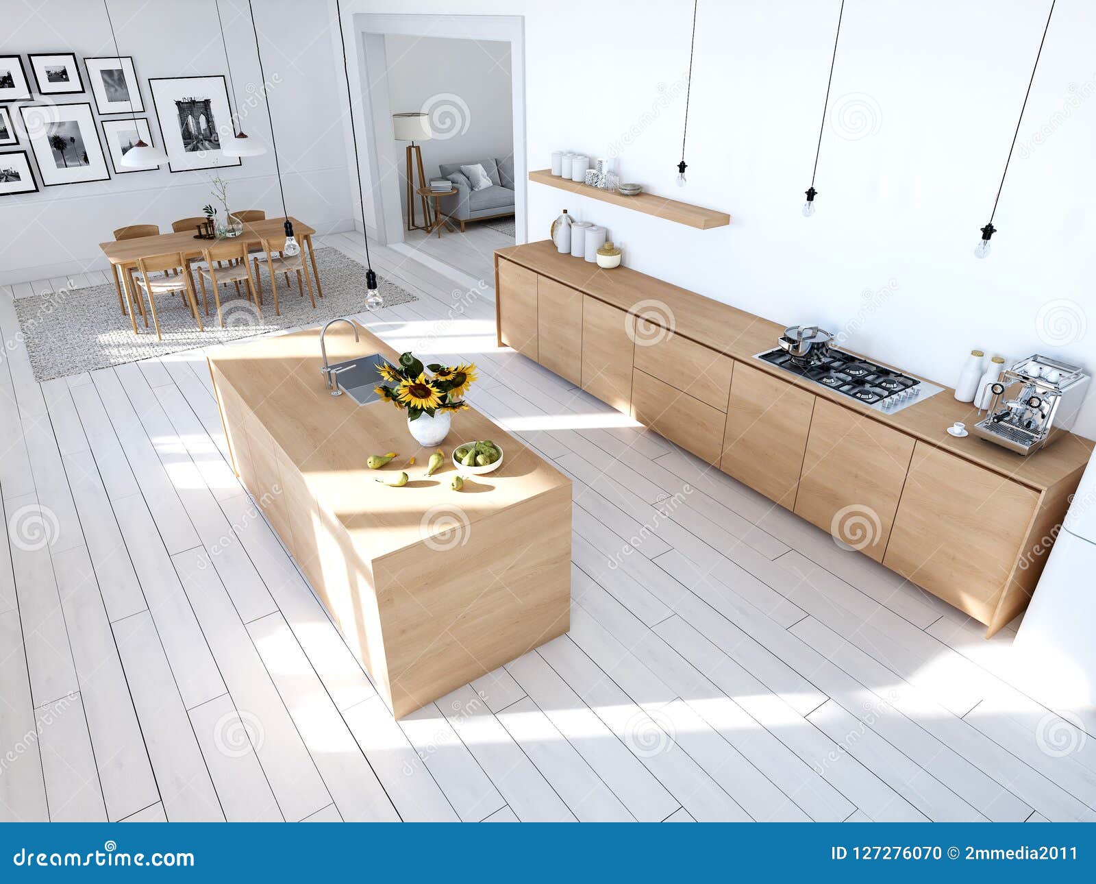 Modern Nordic Kitchen in Loft Apartment. 3D Rendering Stock Photo ...