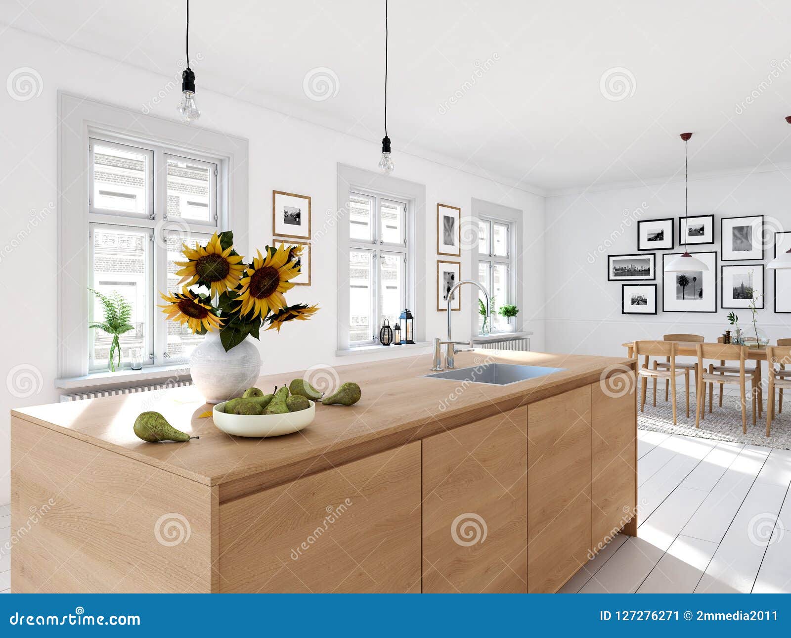 Modern Nordic Kitchen in Loft Apartment. 3D Rendering Stock Image ...