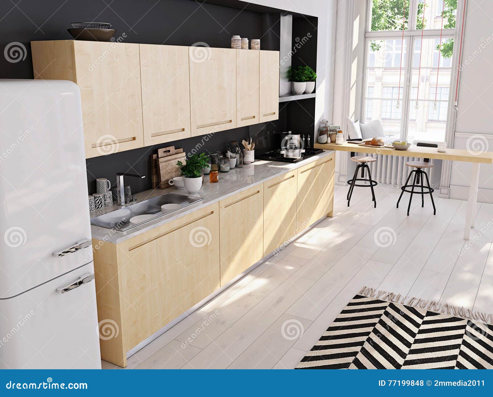 Modern Nordic Kitchen in Loft Apartment. 3D Rendering Stock Photo ...