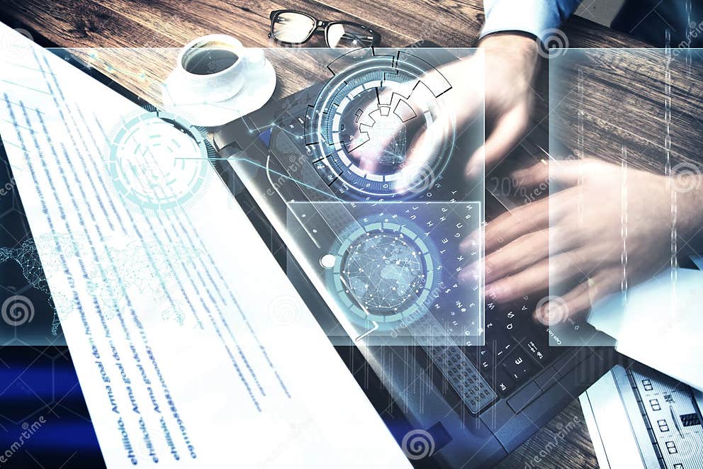 Modern Notebook Computer with Future Technology Media Symbols Stock ...