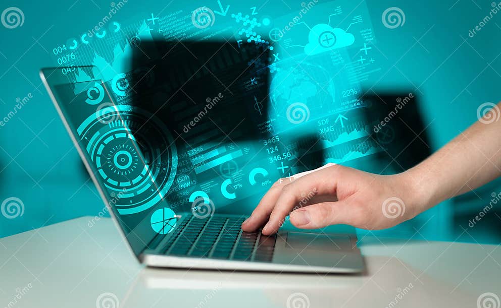 Modern Notebook Computer with Future Technology Symbols Stock Image ...