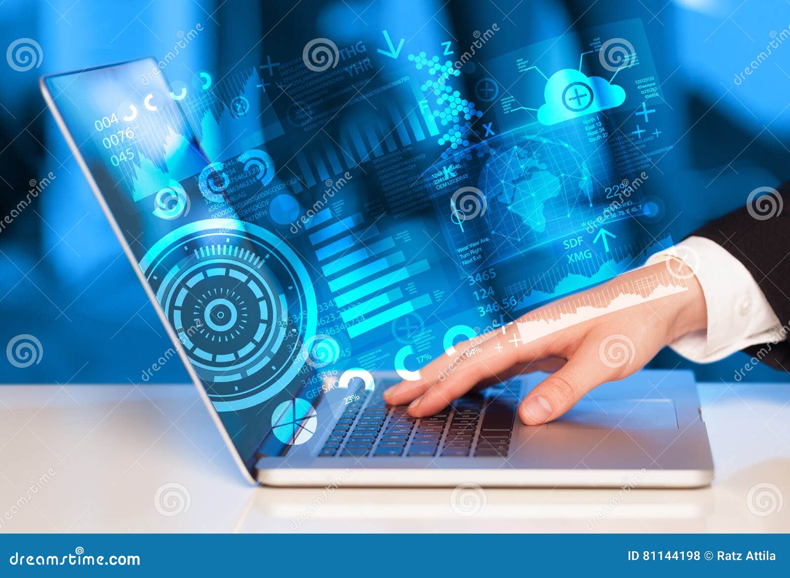Modern Notebook Computer with Future Technology Symbols Stock Photo ...