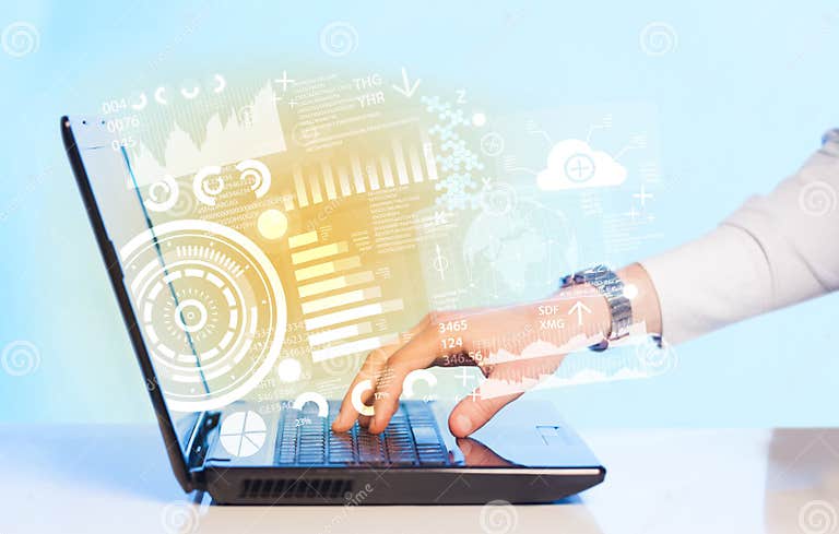 Modern Notebook Computer with Future Technology Symbols Stock Image ...