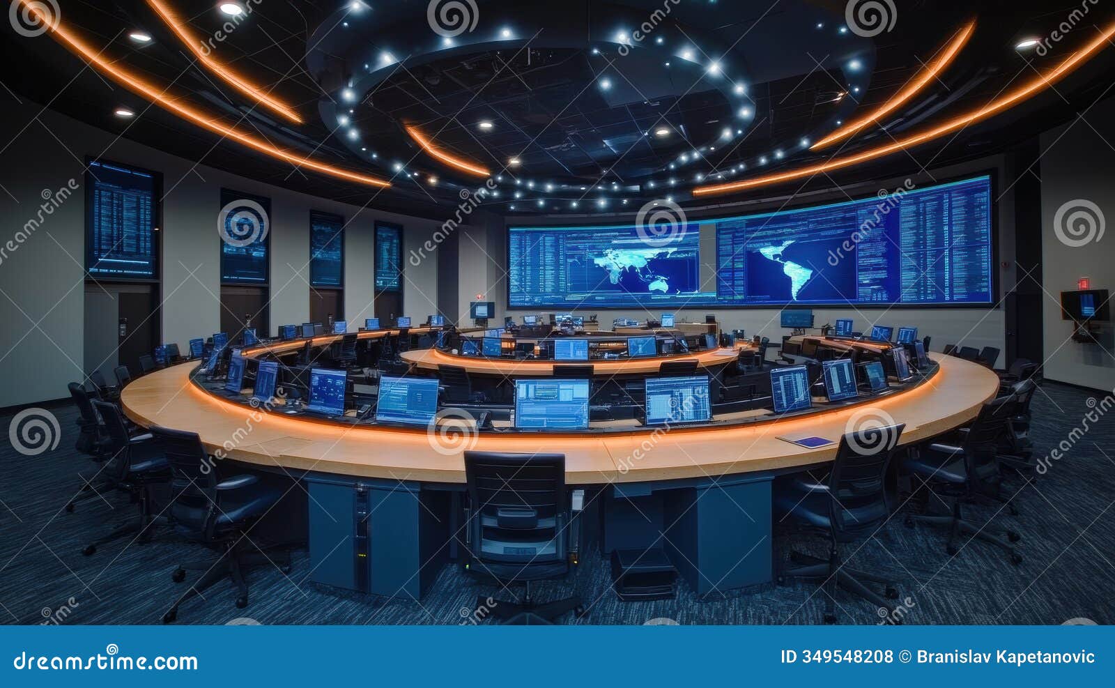 Modern Nuclear Bunker Control Room with Large Screen Displaying Global ...