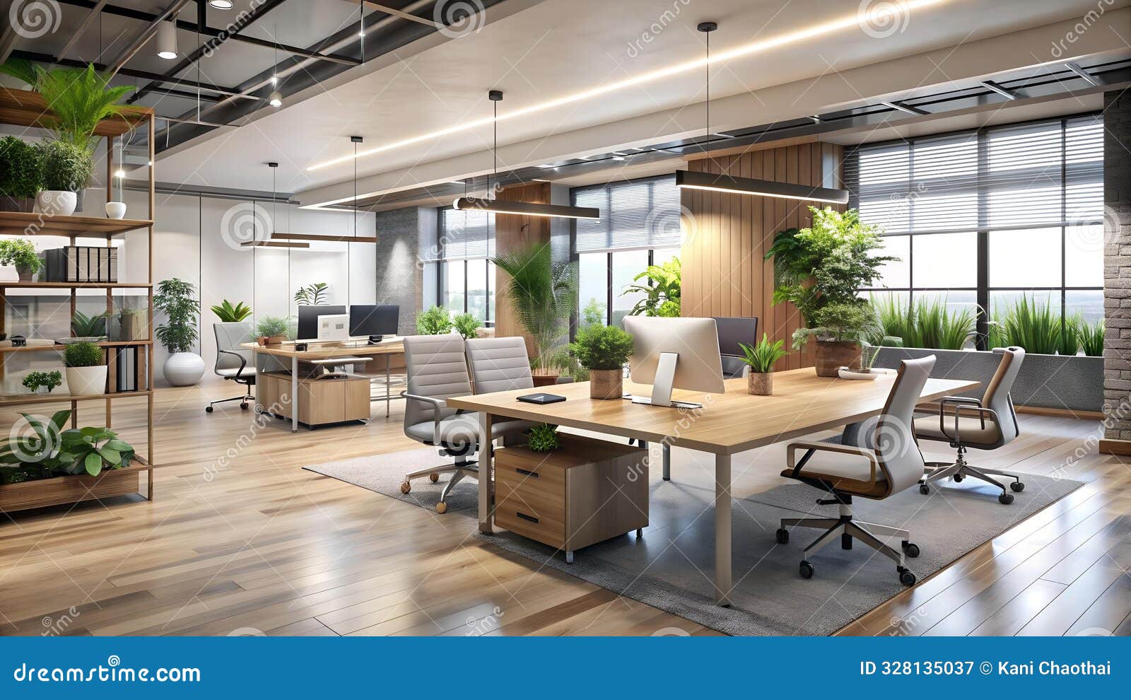 A Modern Oasis an Open Floor Plan Office with a Serene and Minimalist ...