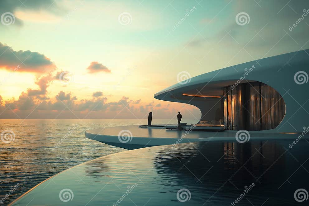 Modern Oceanfront Architecture at Sunset with Infinity Pool and Curved ...