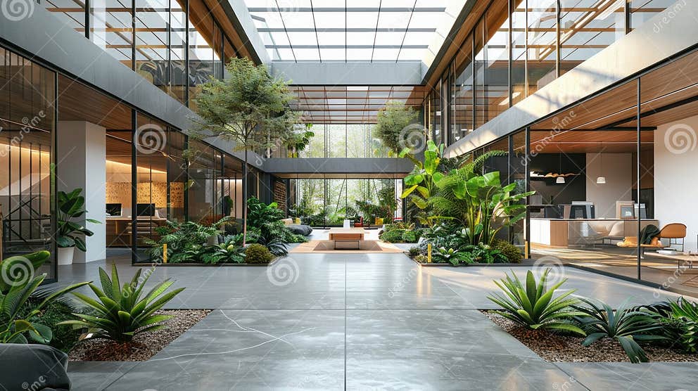 Modern Office Atrium with Lush Greenery and Natural Light Stock Image ...