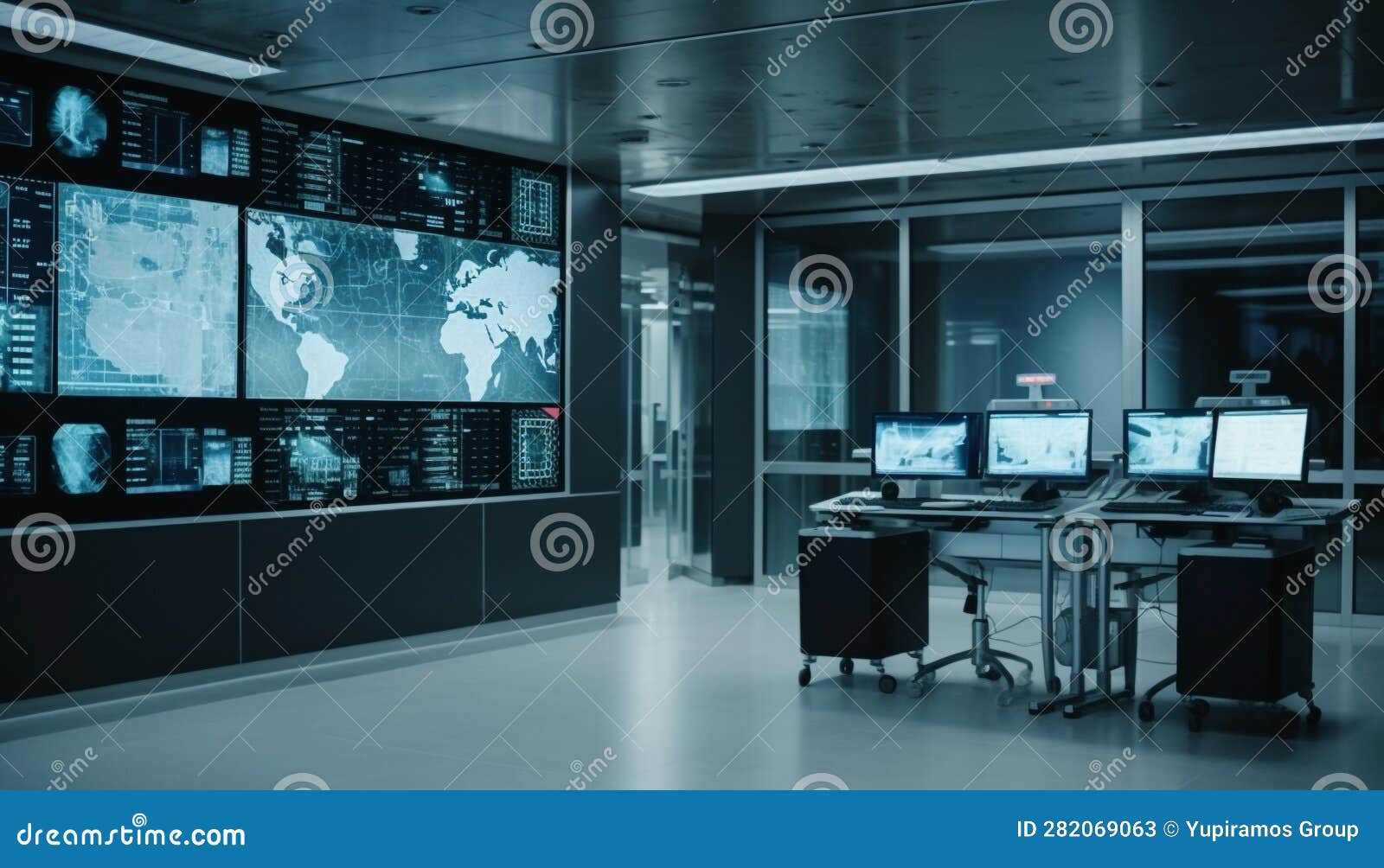 Modern Office with Blue Toned Architecture, Computer Equipment and ...