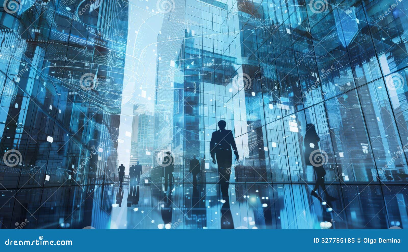 Modern Office with Blurred Employees and Digital Overlay. Symbolizes ...