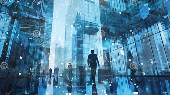 Modern Office with Blurred Employees and Digital Overlay. Symbolizes ...