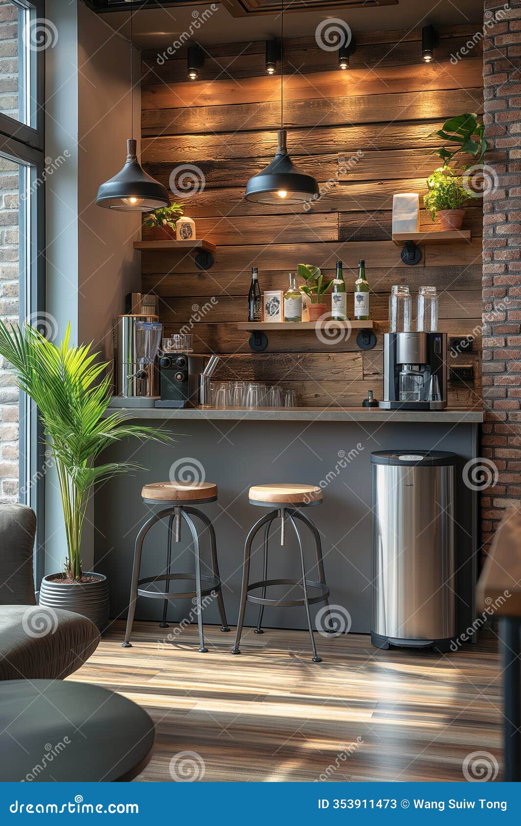 Modern Office Break Room with Bar Stools and Brick Wall Stock ...