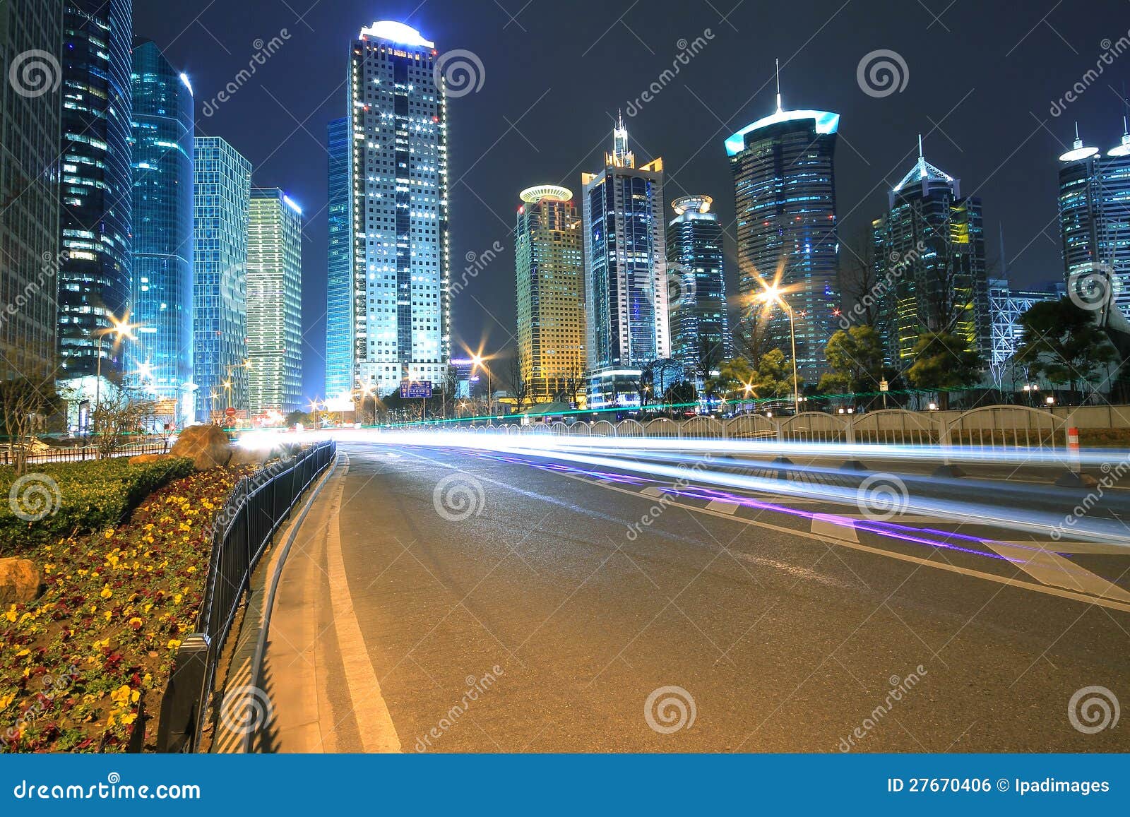 Modern Office Building Background of Car Night with Light Trails Stock ...