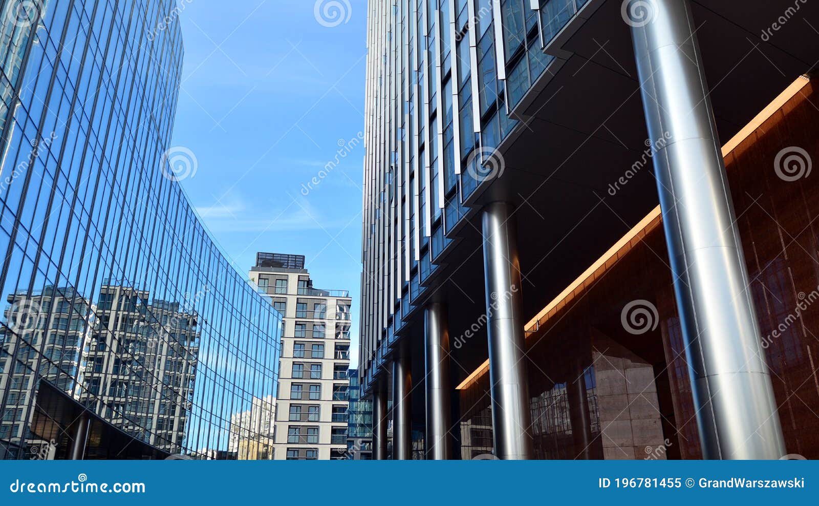 Office Building, Details of Blue Glass Wall and Sun Reflections. Stock ...