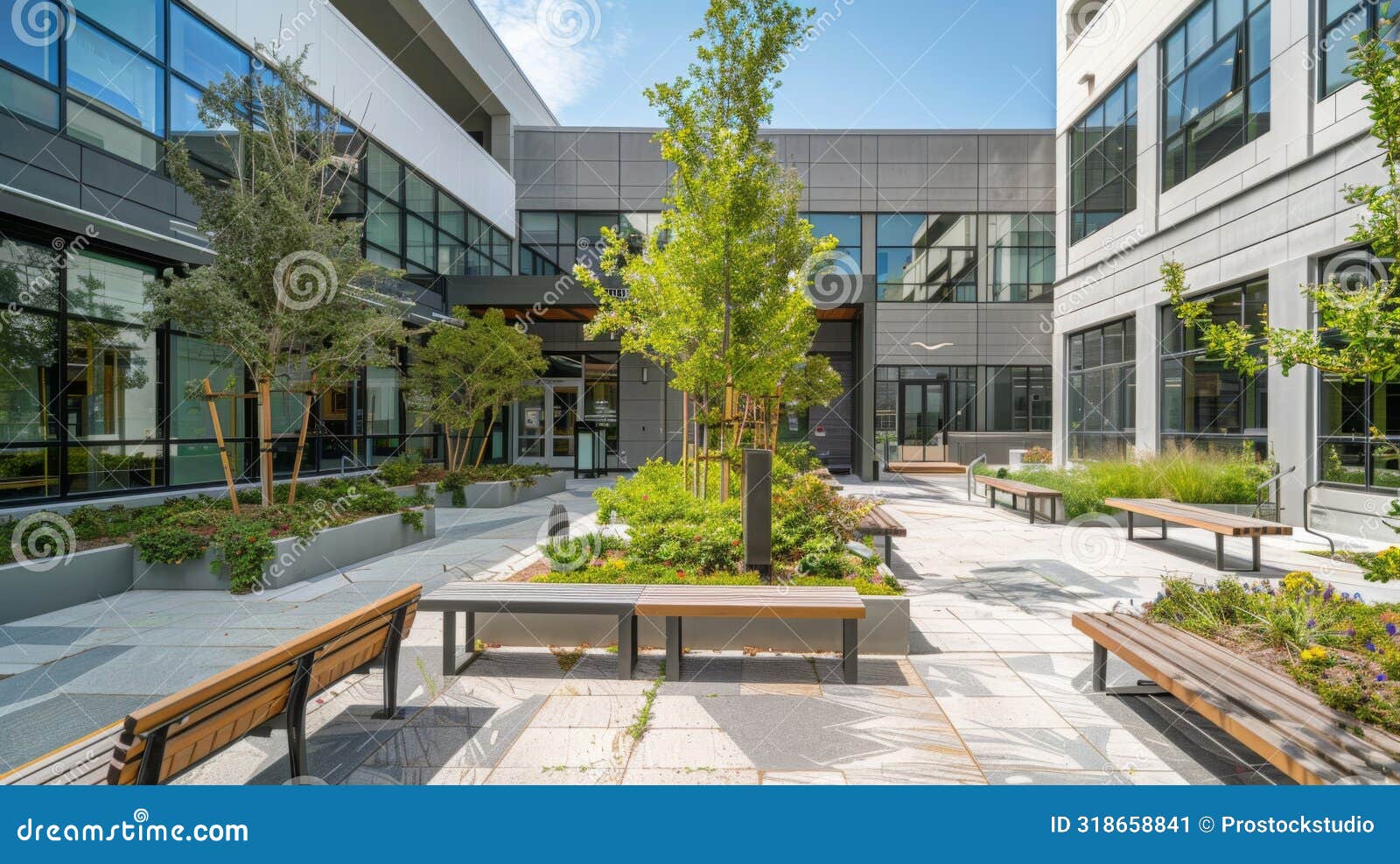 Modern Office Building Courtyard with Benches and Trees Stock Image ...