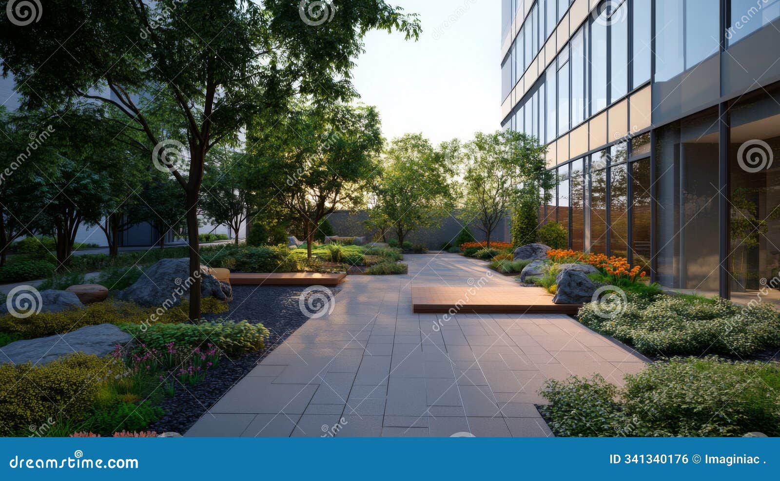 Modern Office Building Courtyard with Greenery and Stone Pathways Stock ...
