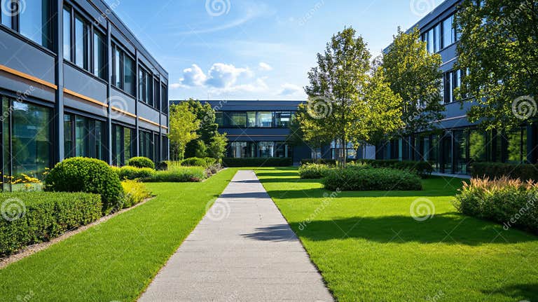 Modern Office Building Courtyard with Greenery and Walkway Stock ...
