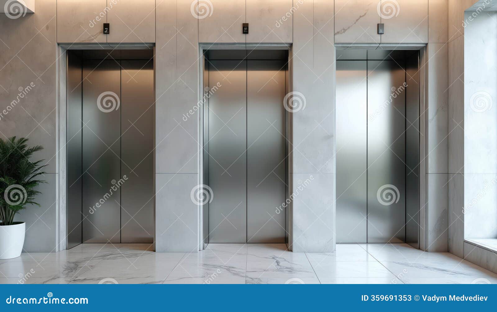 Modern Office Building Elevator Hall. Three Empty Elevators. Light Gray ...