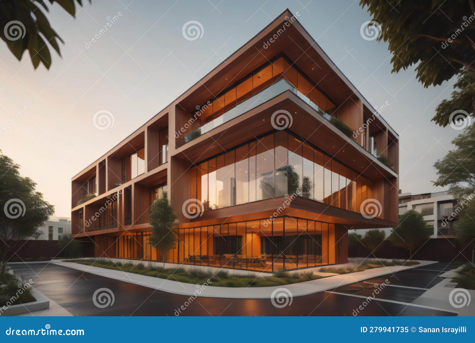 Modern Office Building Exterior at Sunset. Generative Ai Stock ...