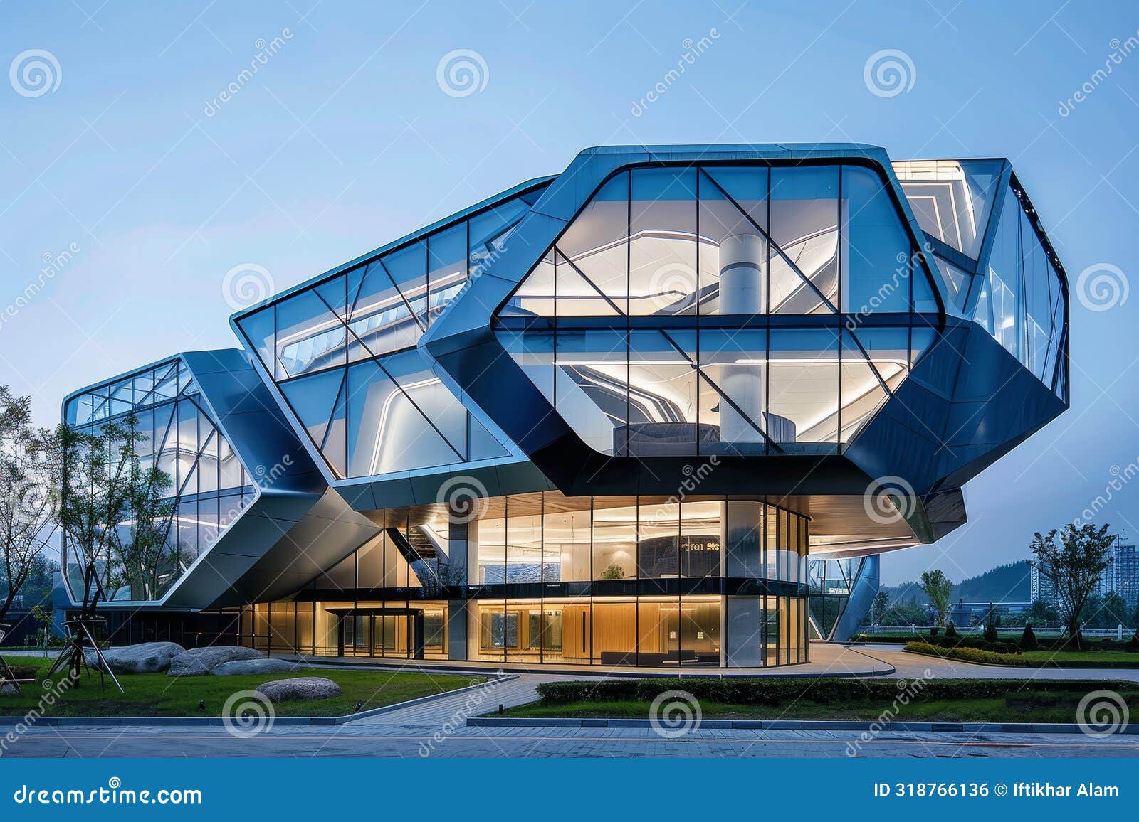 A Modern Office Building Featuring a Unique Asymmetrical Design and a ...