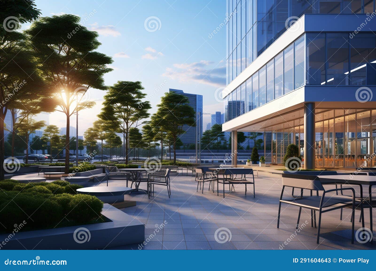 Modern Office Building with Glass Facade and Outdoor Terrace. 3d ...