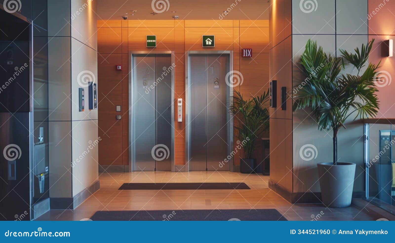Modern Office Building Lobby with Elevators and Indoor Plants Stock ...