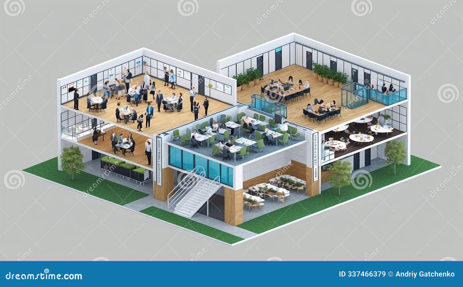 Modern Office Building with Multi-Level Open Floor Plan, Collaborative ...