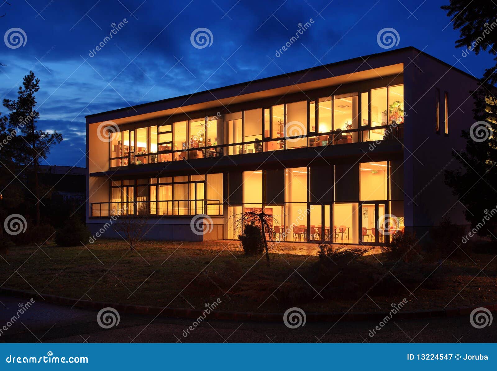 Modern Office Building at Night Stock Image - Image of institution ...