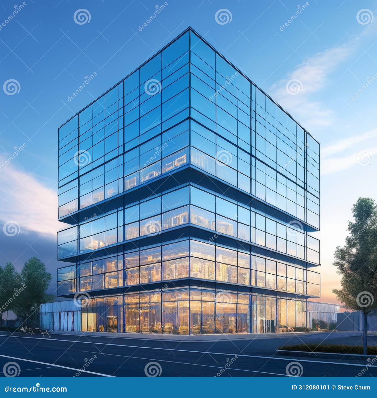 Modern Office Building. Perspective View on Glass Facade of Building ...