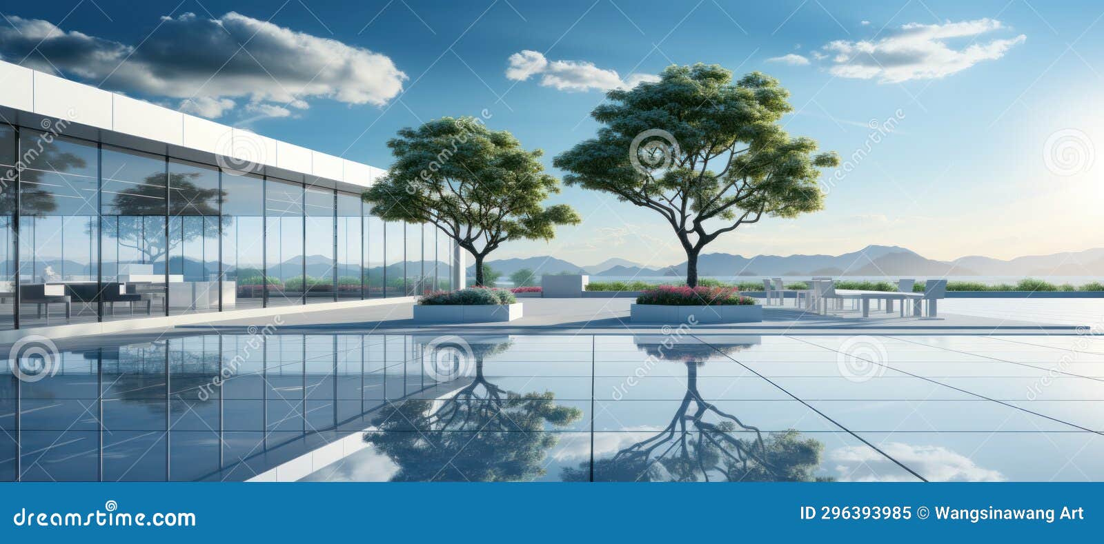 Modern Office Building with Pool and Blue Sky Background Stock ...