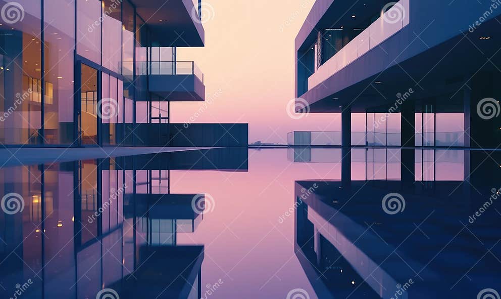 Modern Office Building with Reflection on Water Surface. Abstract ...