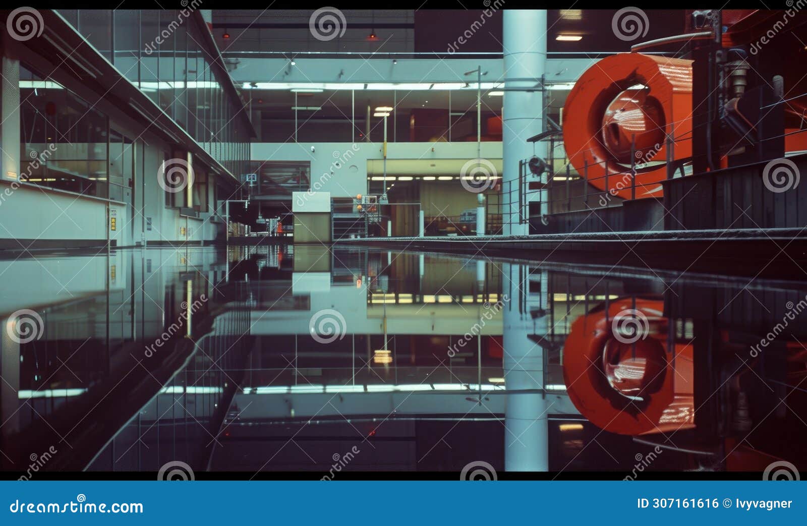 Modern Office Building with Reflection on Water Surface. Abstract ...
