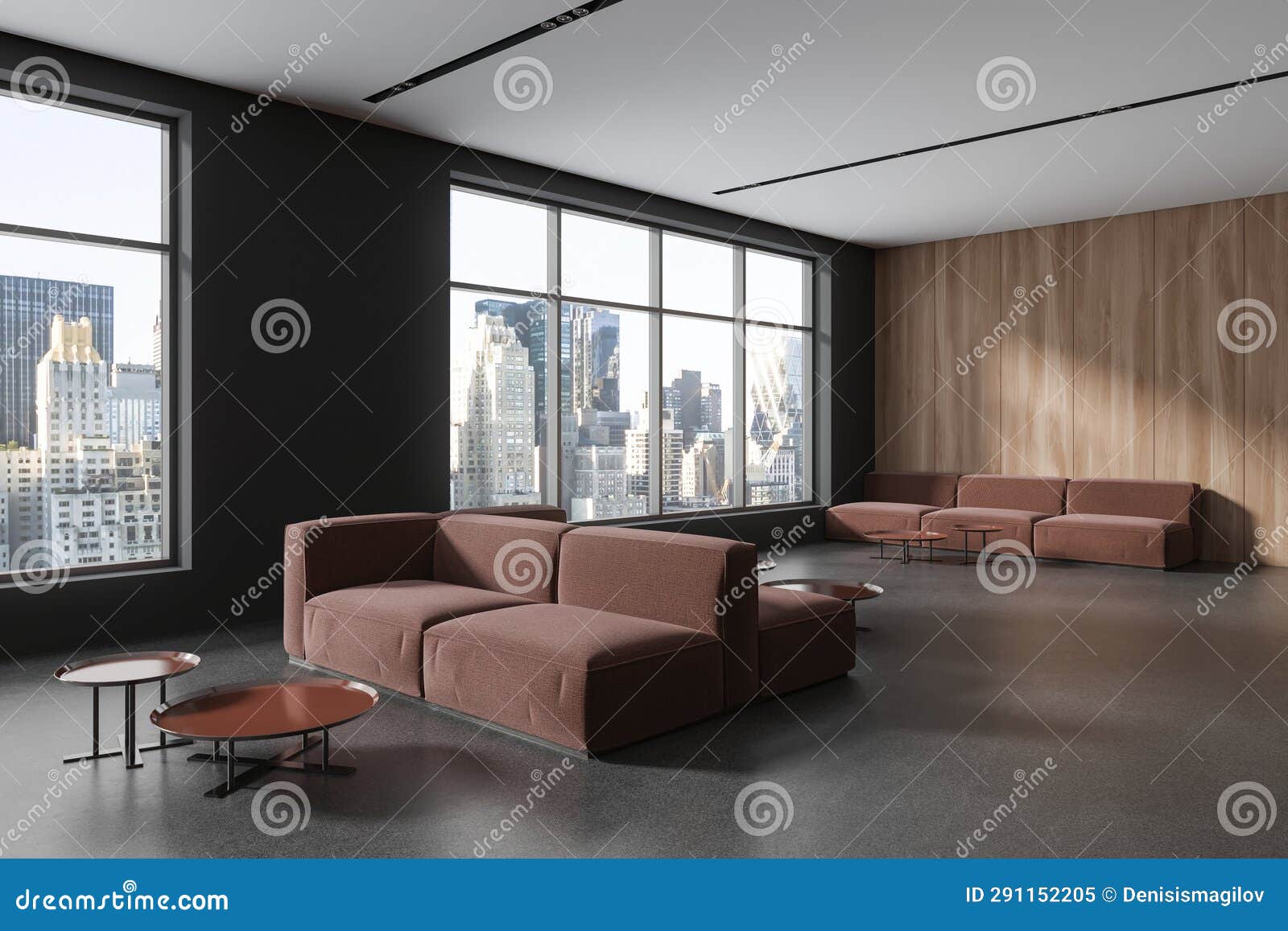 Modern Office Chill Room Interior with Couch in Row Near Panoramic ...
