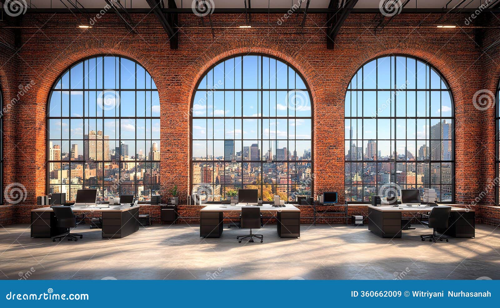Modern Office, City View, Brick Walls, Sunlight, Workspace Stock Image ...