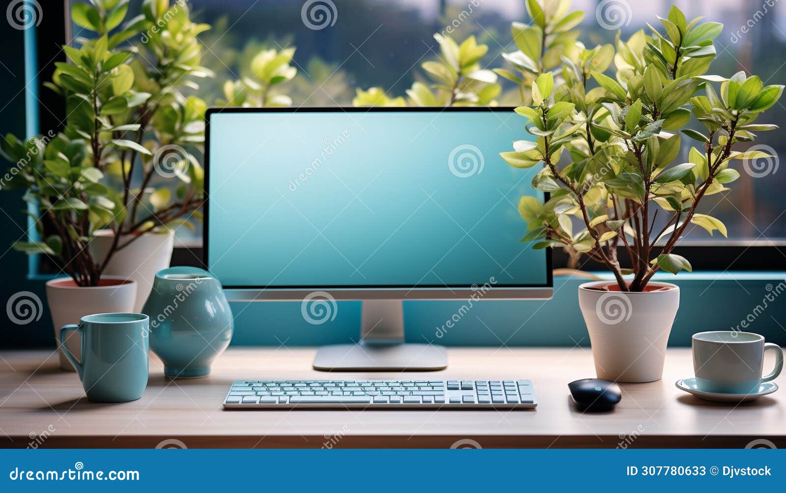 Modern Office with Computer, Desk, Plant, and Coffee Cup Generated by ...