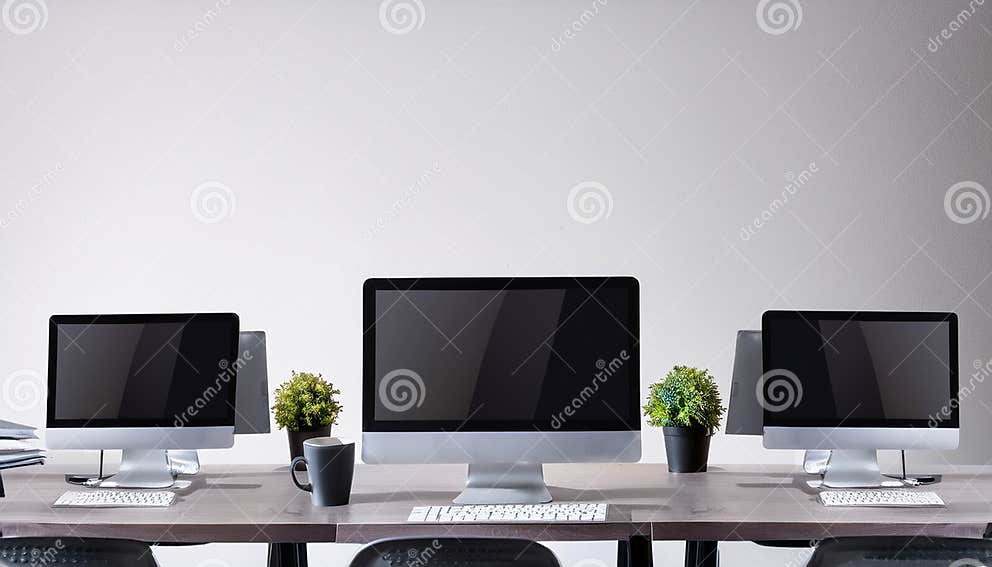 Modern Office with Computers on Desk and Empty White Wall Stock ...