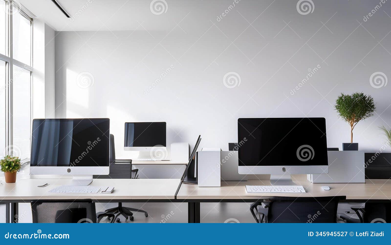 Modern Office with Computers on Desk and Empty White Wall Stock ...