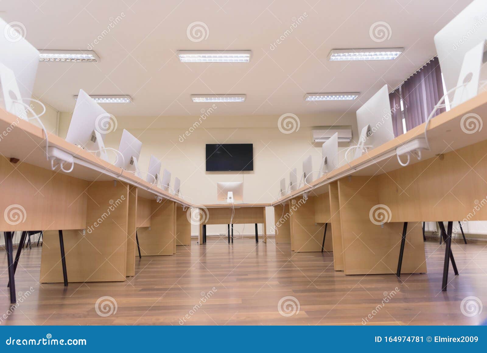 Modern Office with Computers on Desks. Empty Computer Room in College ...