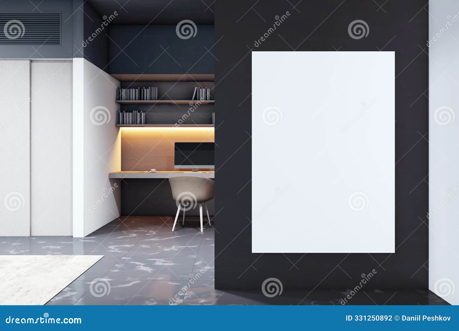 Modern Office Corner with Blank Vertical Poster on Dark Wall. 3D ...