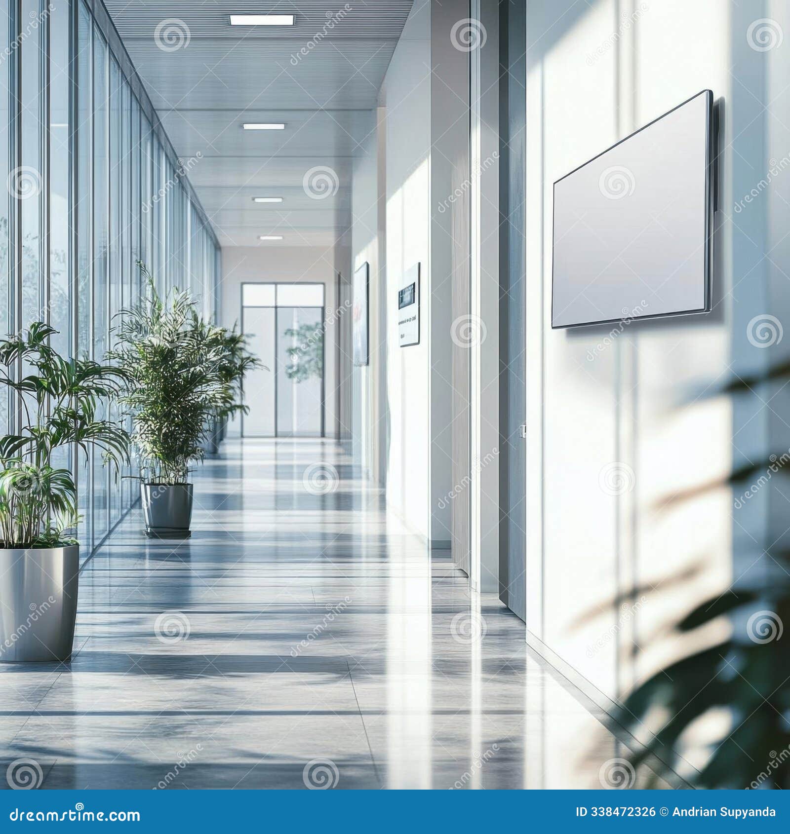 Modern Office Corridor with a Blank Screen Display Stock Illustration ...