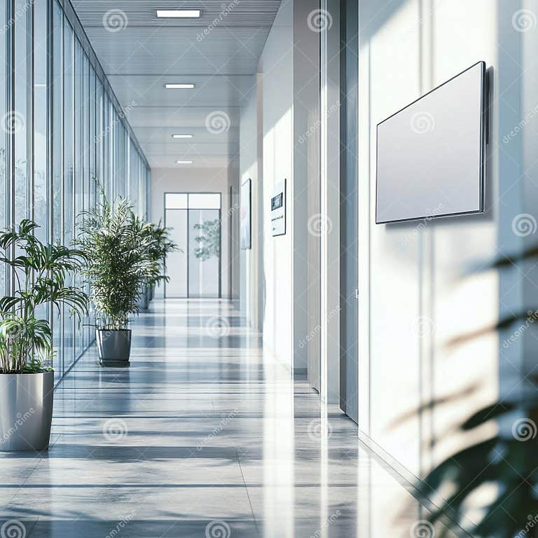 Modern Office Corridor with a Blank Screen Display Stock Illustration ...