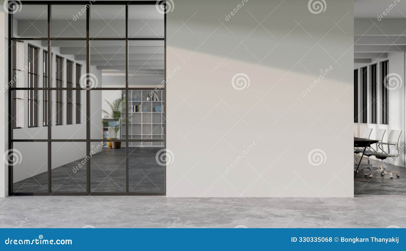 A Modern Office Corridor Hallway Features A Glass Partition Wall And A ...