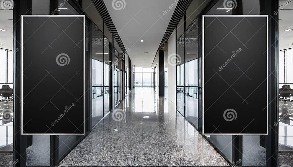 Modern Office Corridor with Reflections and Empty Black Mock Up Frames ...
