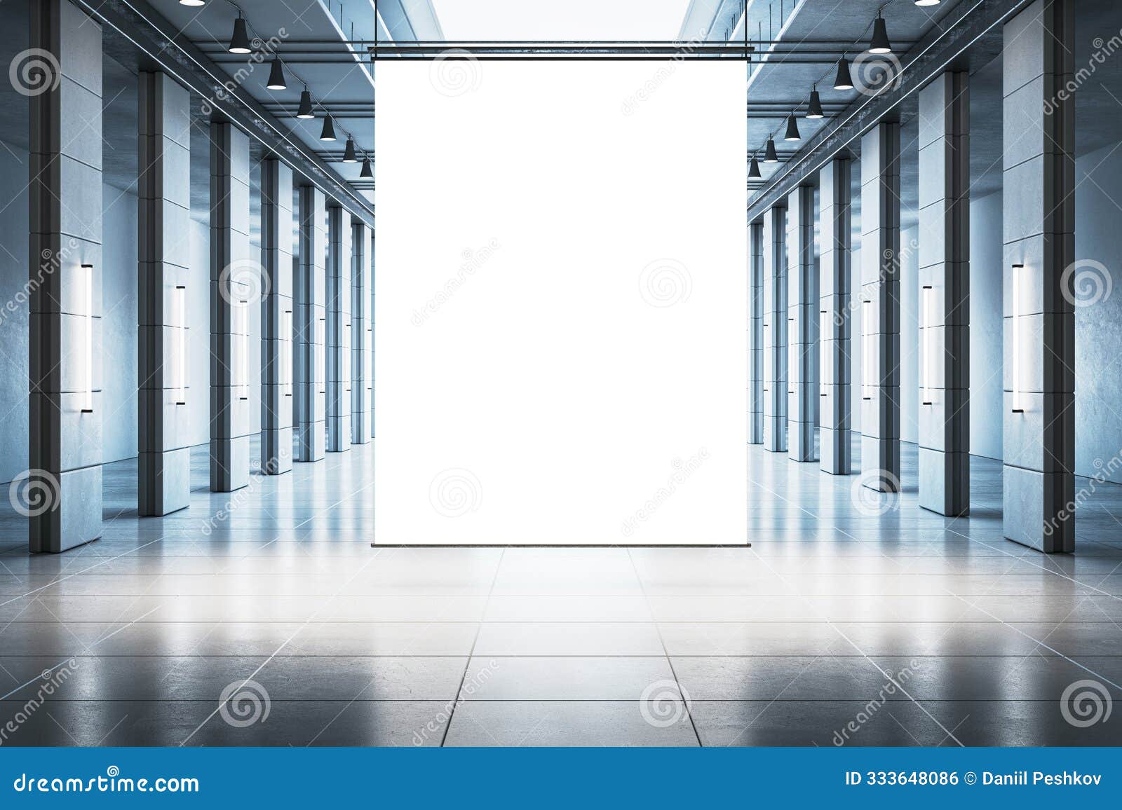 Modern Office Corridor with Reflections and Empty White Mock Up Banner ...