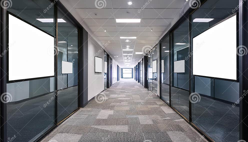 Modern Office Corridor with Reflections and Empty White Mock Up Frames ...