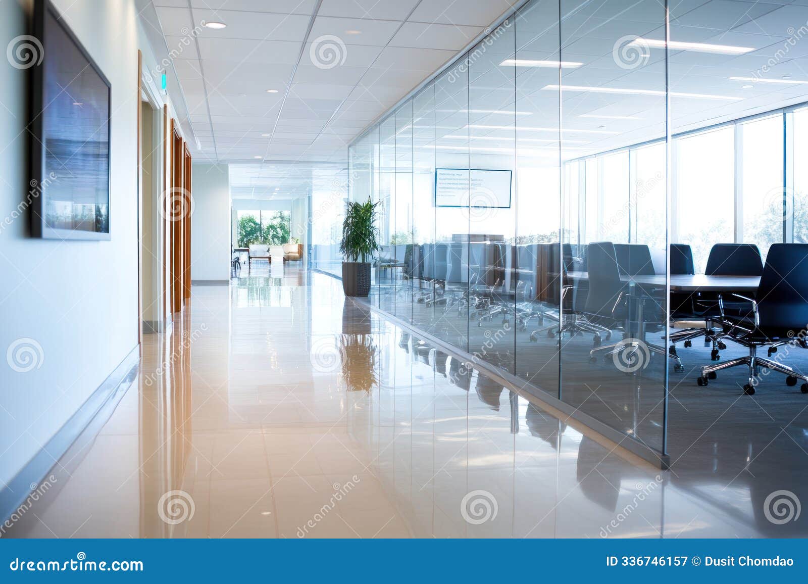 A Modern Office Corridor with Sleek Design and Glass Walls, Reflecting ...