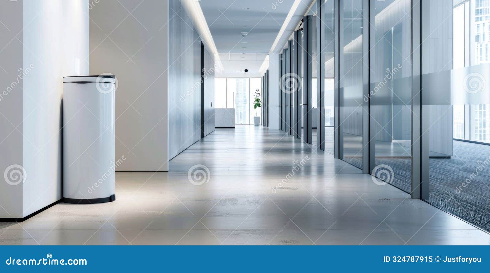 Modern Office Corridor with Trash Bin. Generative Ai Stock Illustration ...