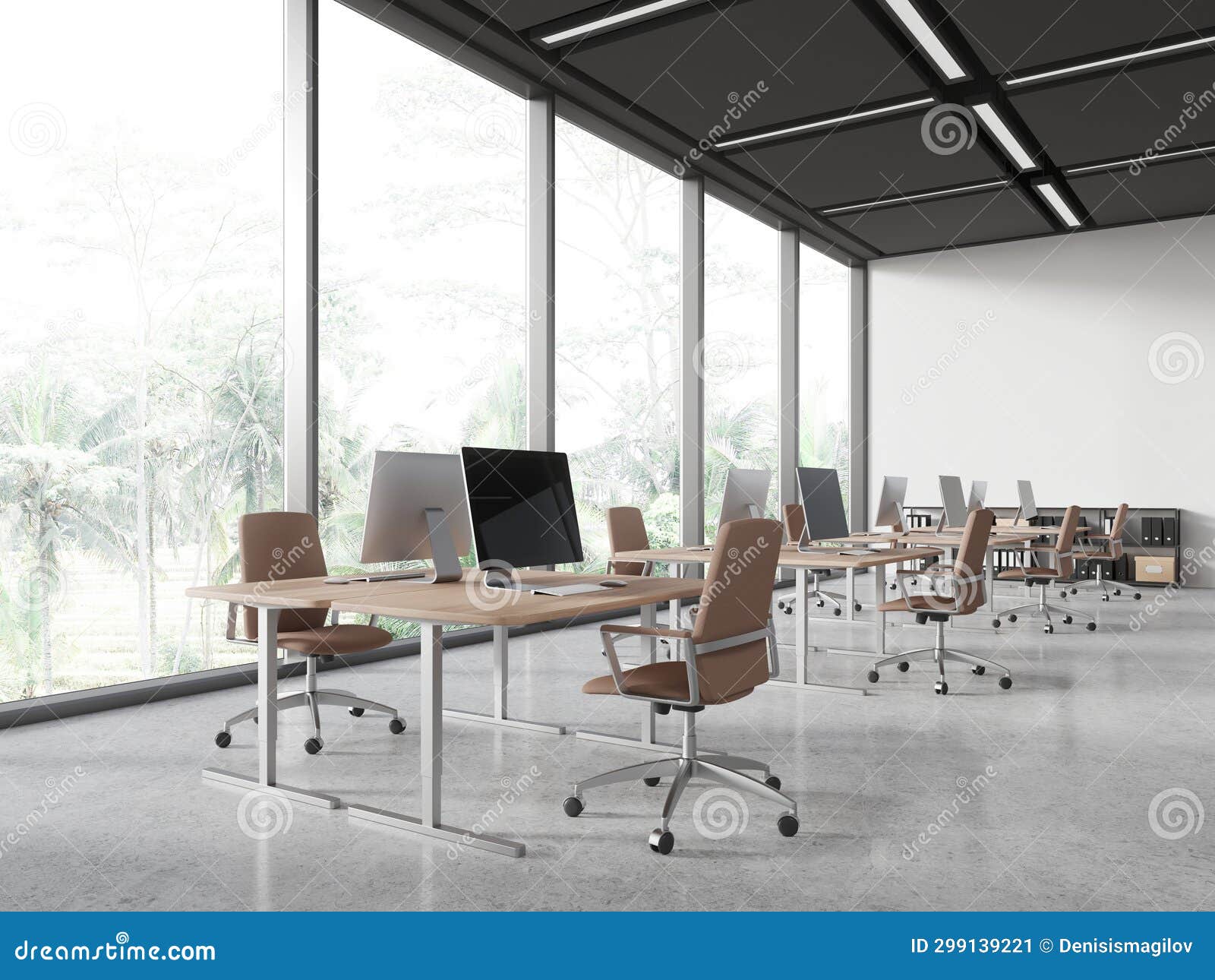 Modern Office Coworking Interior with Pc Monitors, Sideboard and Window ...