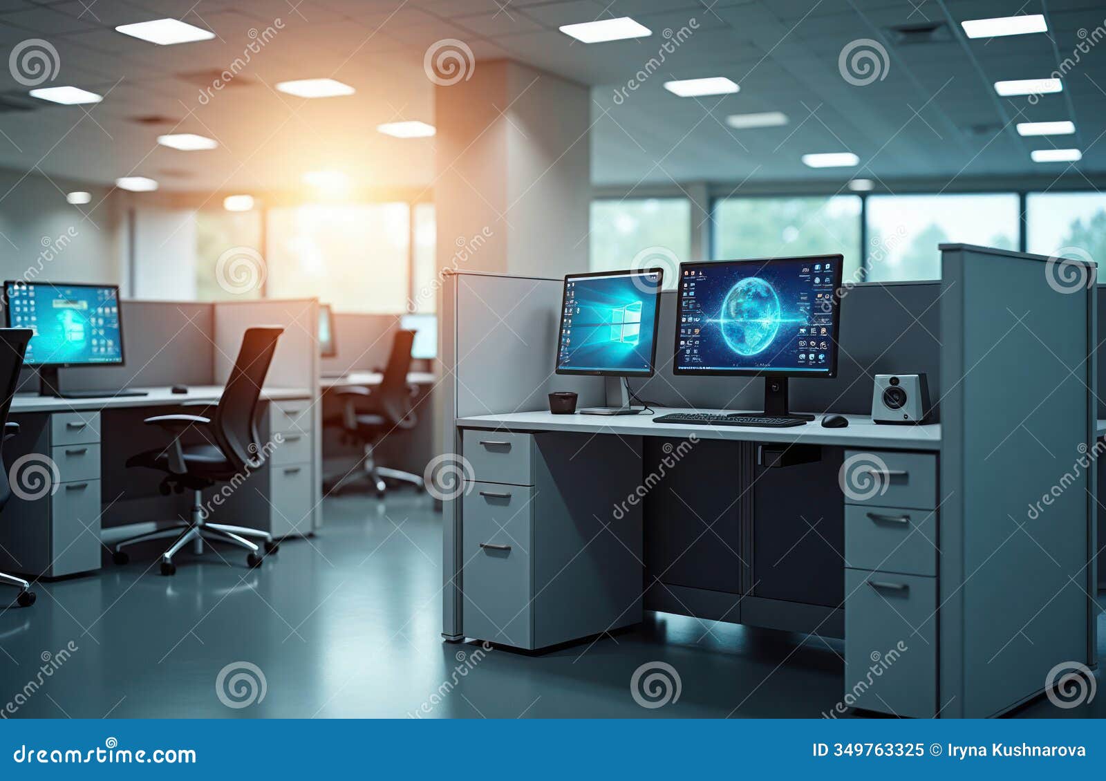 Modern Office Cubicle with Computers. Empty Workspace. Tech, Design ...