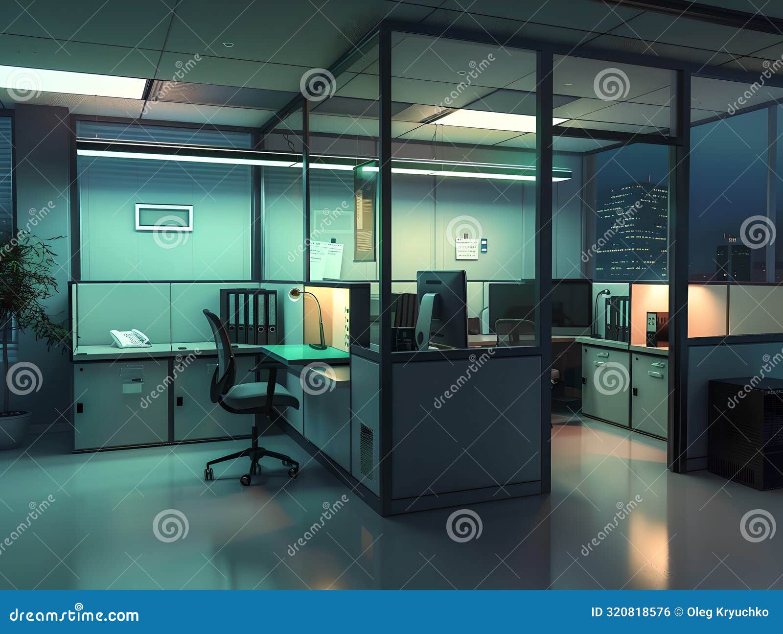 Modern Office Cubicle at Night with Ambient Lighting. Quiet Work ...