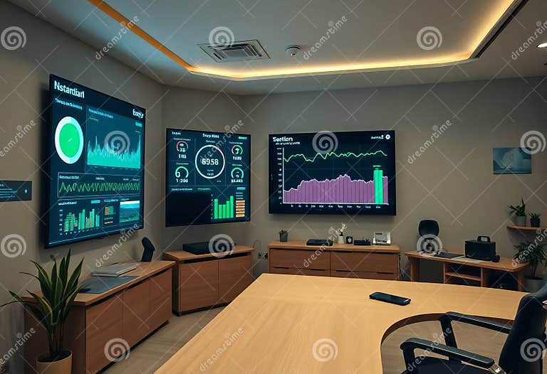 Modern Office with Data Analytics Displays Stock Illustration ...